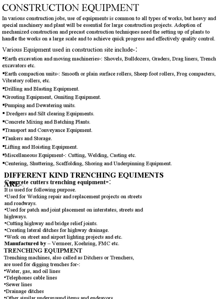 Various Equipment Used in Construction Site Include | PDF ...