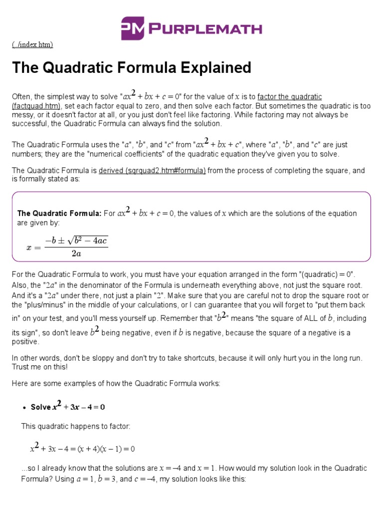 The Quadratic Formula Explained - Purplemath | PDF | Quadratic Equation ...