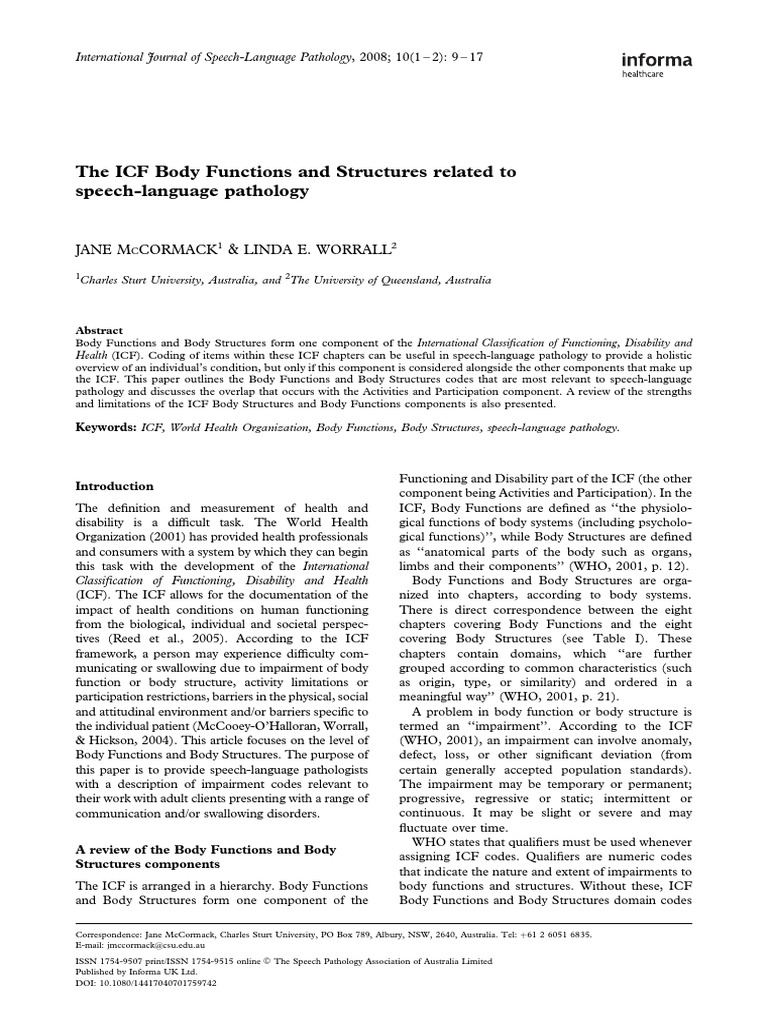 The ICF Body Functions and Structures Related To Speech-Language ...