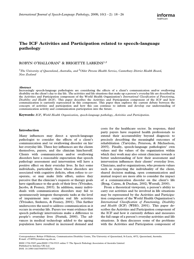 Speech Pathology & ICF Framework | PDF | Speech Language Pathology ...