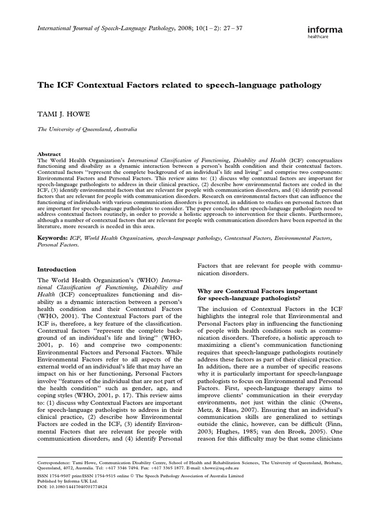 The ICF Contextual Factors Related to Speech-language Pathology ...