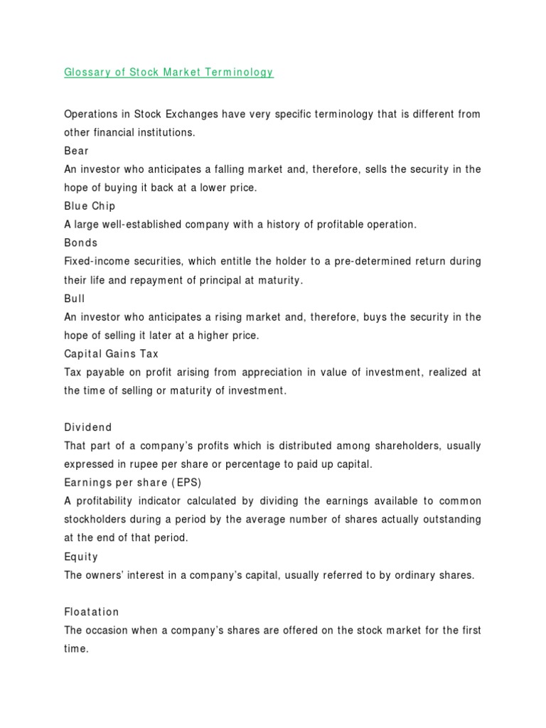 Glossary of Stock Market Terminology | PDF | Stocks | Securities (Finance)