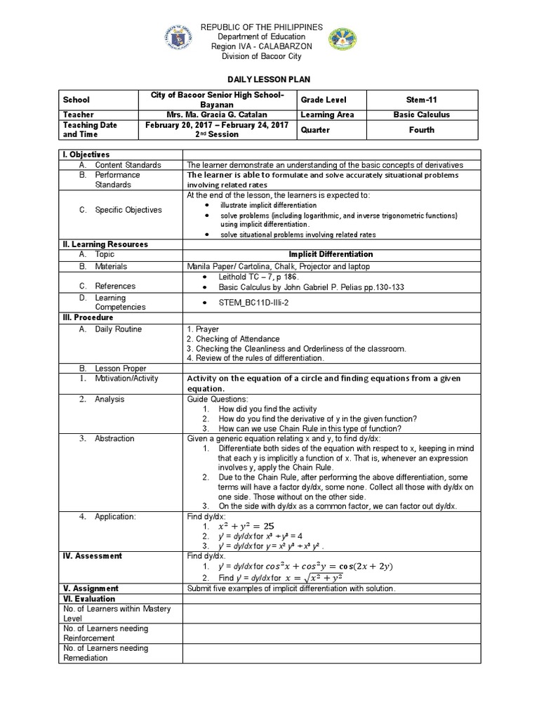 Implicit Differentiation Lesson Plan | PDF | Teaching Mathematics | Mathematical Analysis
