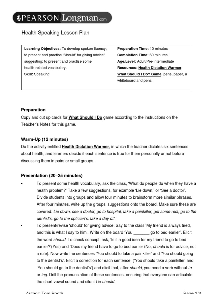 Health Speaking Lesson Plan | PDF | Lesson Plan | Vocabulary