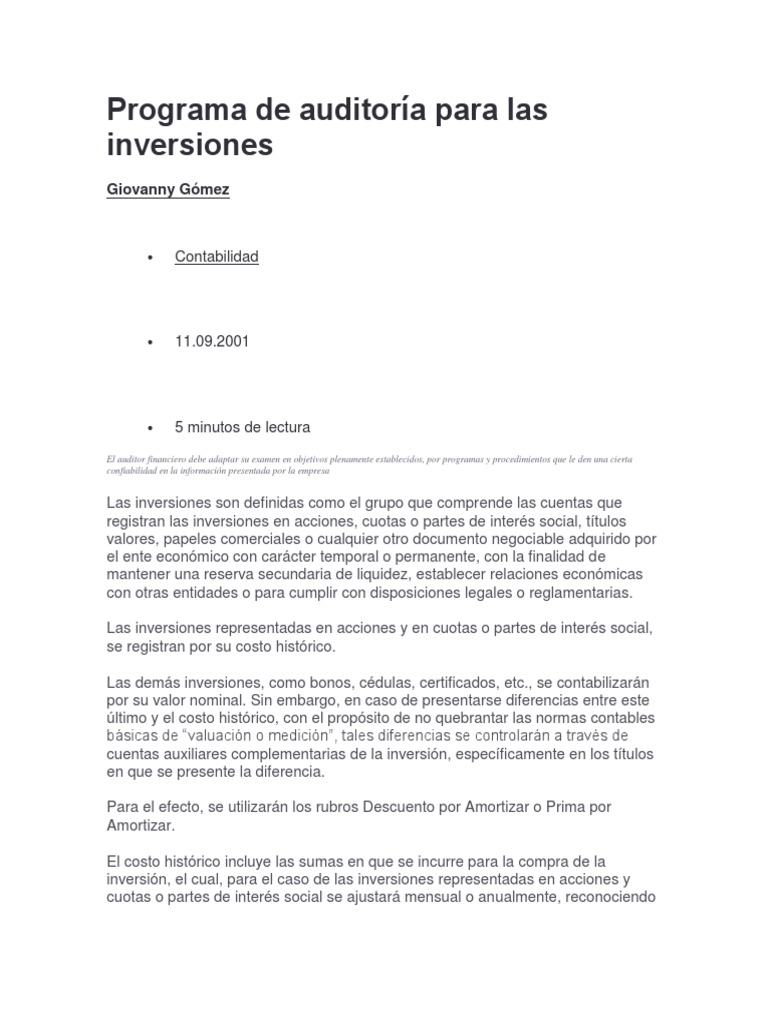 Programa de Auditoría para Las Inversiones | PDF | Inversiones | Auditoría financiera
