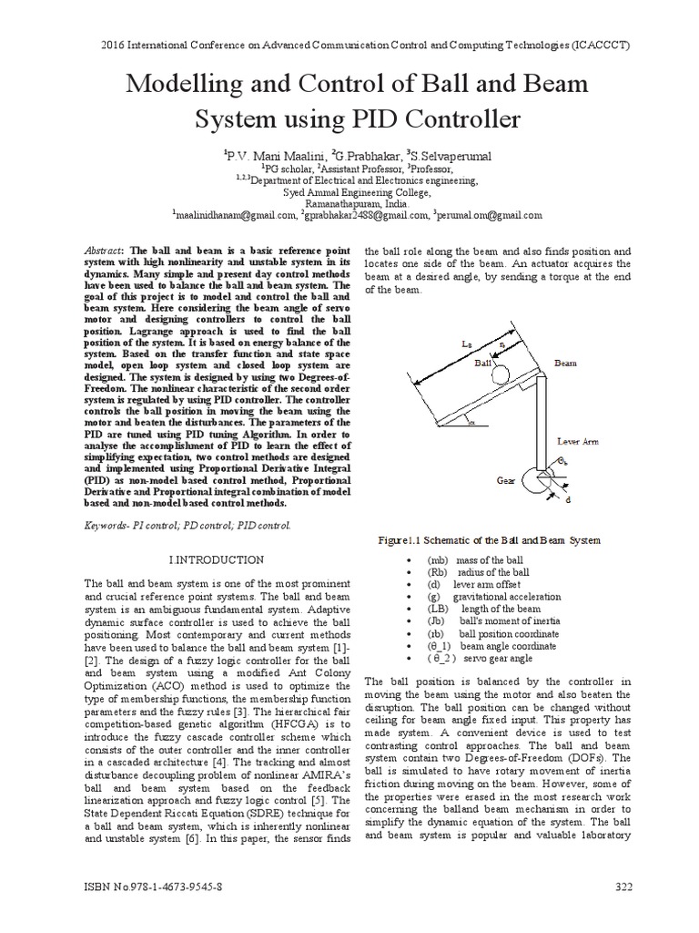 Modelling and Control of Ball and Beam System Using PID Controller ...