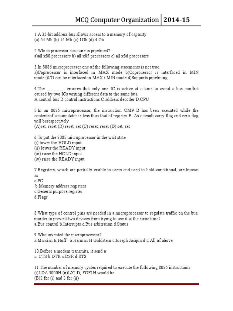 MCQ Computer Organization 2014-15 | Download Free PDF | Central Processing Unit | Input/Output