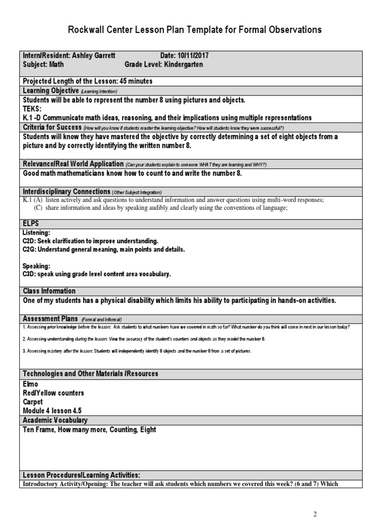 Rockwall Center Lesson Plan Template For Formal Observations | PDF ...