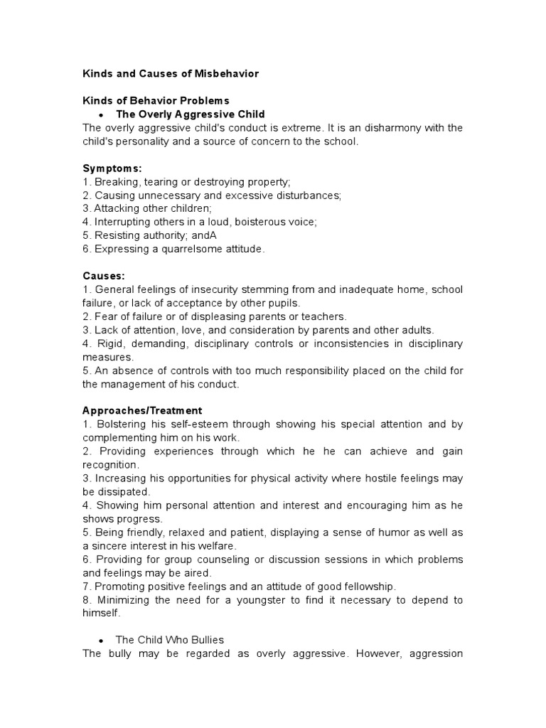 Kinds and Causes of Misbehavior Kinds of Behavior Problems | PDF ...