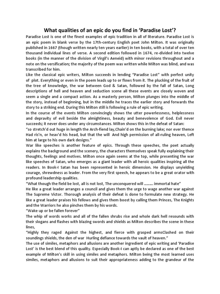 Paradise Lost as an Epic.docx | Paradise Lost | Epic Poetry