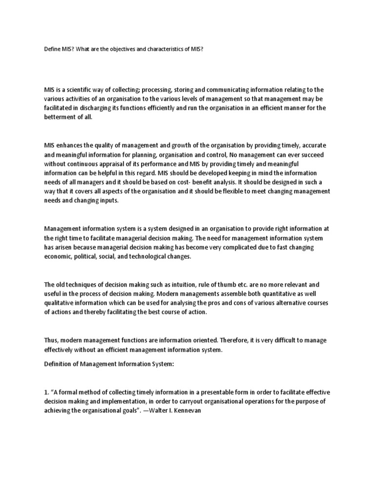 Define MIS? What Are The Objectives and Characteristics of MIS? | PDF ...