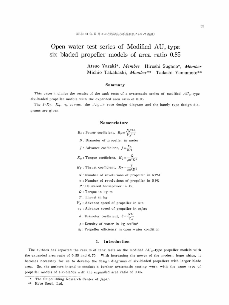 Open Water Test Series of Modified AU-type Six Bladed Propeller Models ...