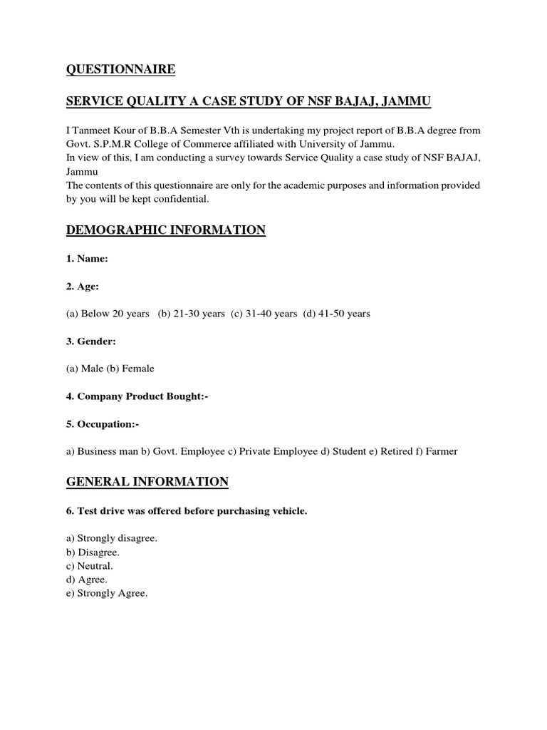 Questionnaire On Service Quality | PDF | Market (Economics) | Marketing