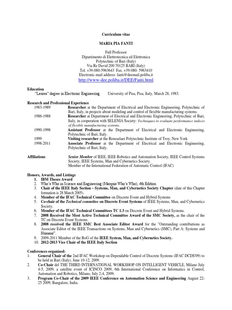 Curriculum Vitae of Maria Pia Fanti, Full Professor at Polytechnic of ...