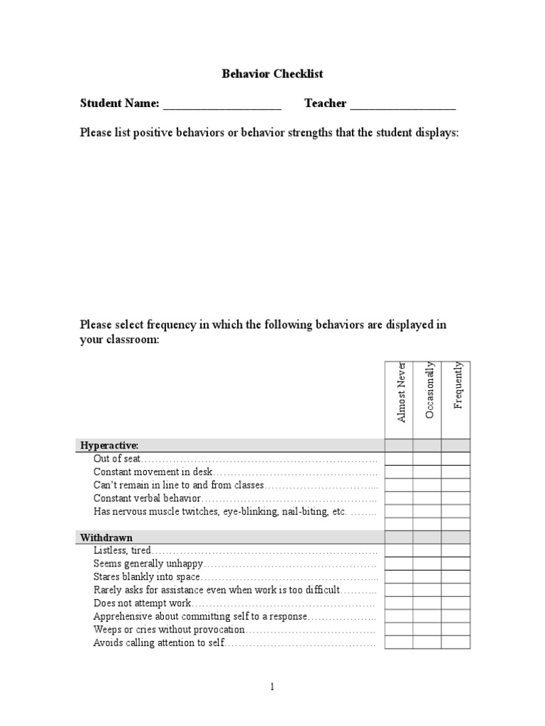 Please List Positive Behaviors or Behavior Strengths That The Student ...