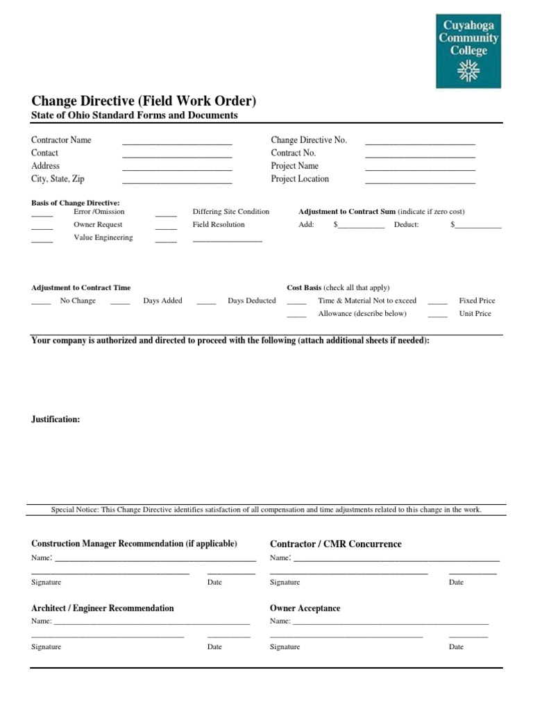 19change Directive Field Work Order | PDF | Construction Management ...