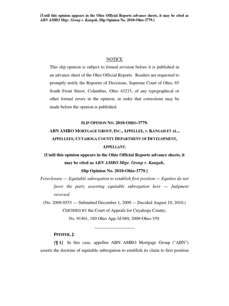 ABN AMRO v. Kangah: Equitable Subrogation | PDF | Mortgage Law | Equity ...