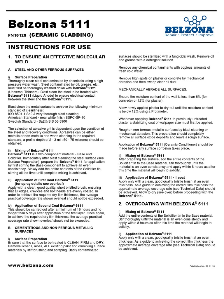 Belzona 5111: Instructions For Use | PDF | Abrasive | Wear