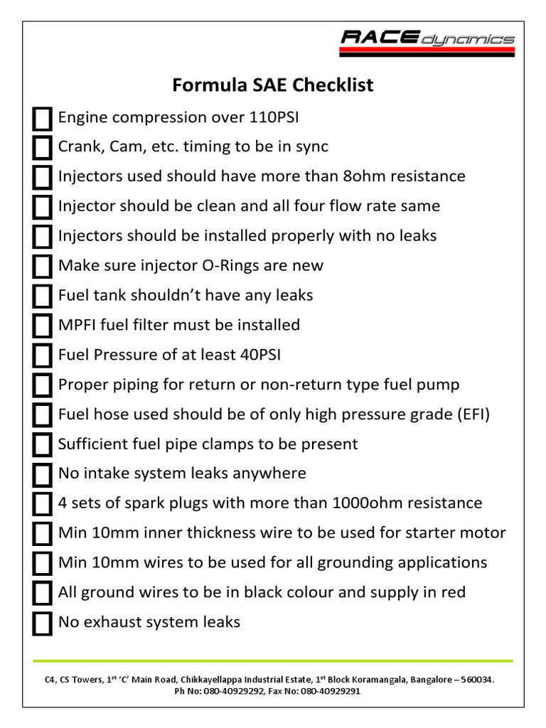 Formula SAE Checklist | PDF