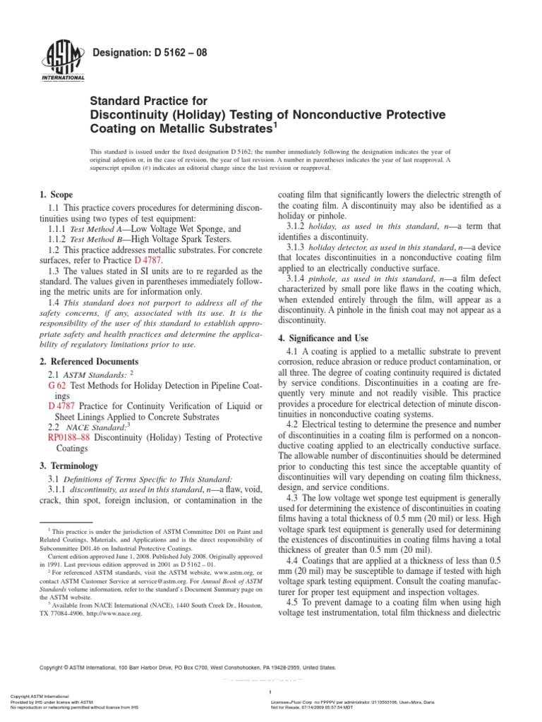 ASTM D5162 08 Inspeccion Con Holiday PDF | PDF | High Voltage | Calibration
