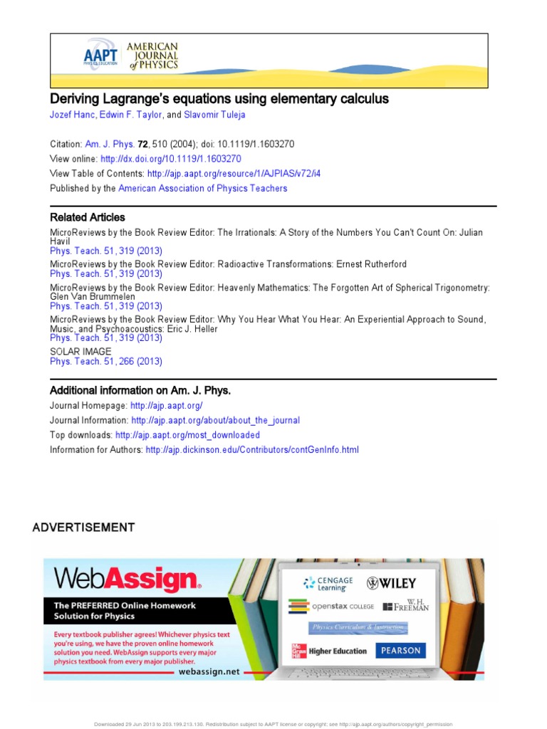 AJP Deriving Lagrange's Equations Using Elementary Calculus-Sisis | PDF | Lagrangian Mechanics ...
