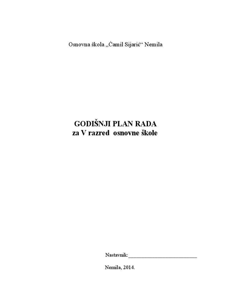 Godišnji Plan Rada Za V Razred Osnovne Škole: Osnovna Škola Ćamil ...