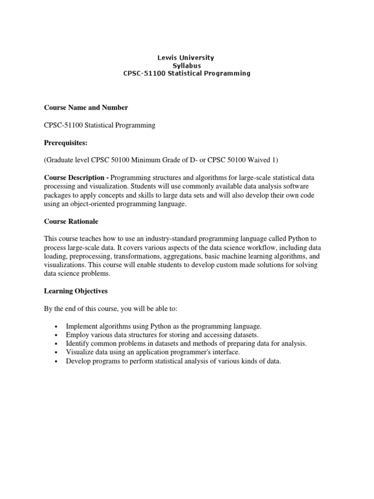 Course Name and Number: Lewis University Syllabus CPSC-51100 Statistical Programming | PDF ...