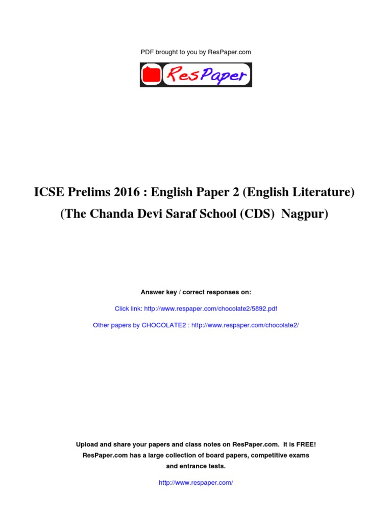 ResPaper ICSE Prelims 2016 English Paper 2 English Literature The Chanda Devi Saraf School CDS ...