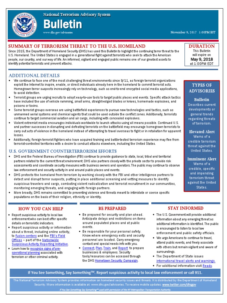 17 1109 NTAS Bulletin | United States Department Of Homeland Security ...