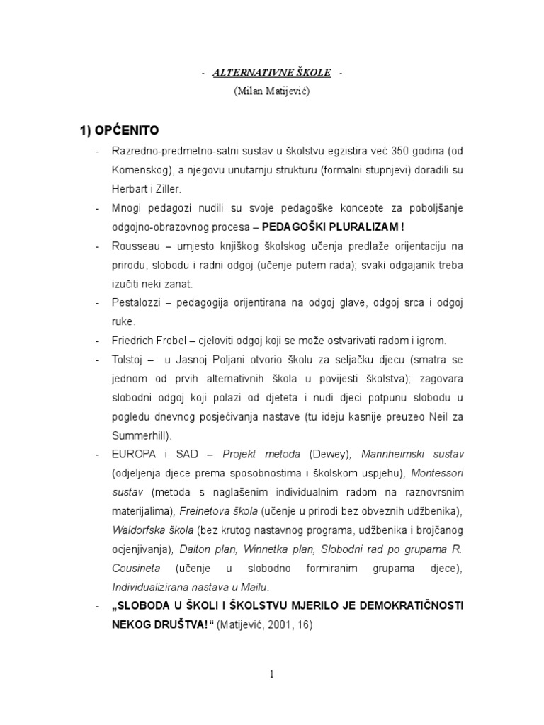 Matijevic, M. - Alternativne Skole - Skripta 2 | PDF