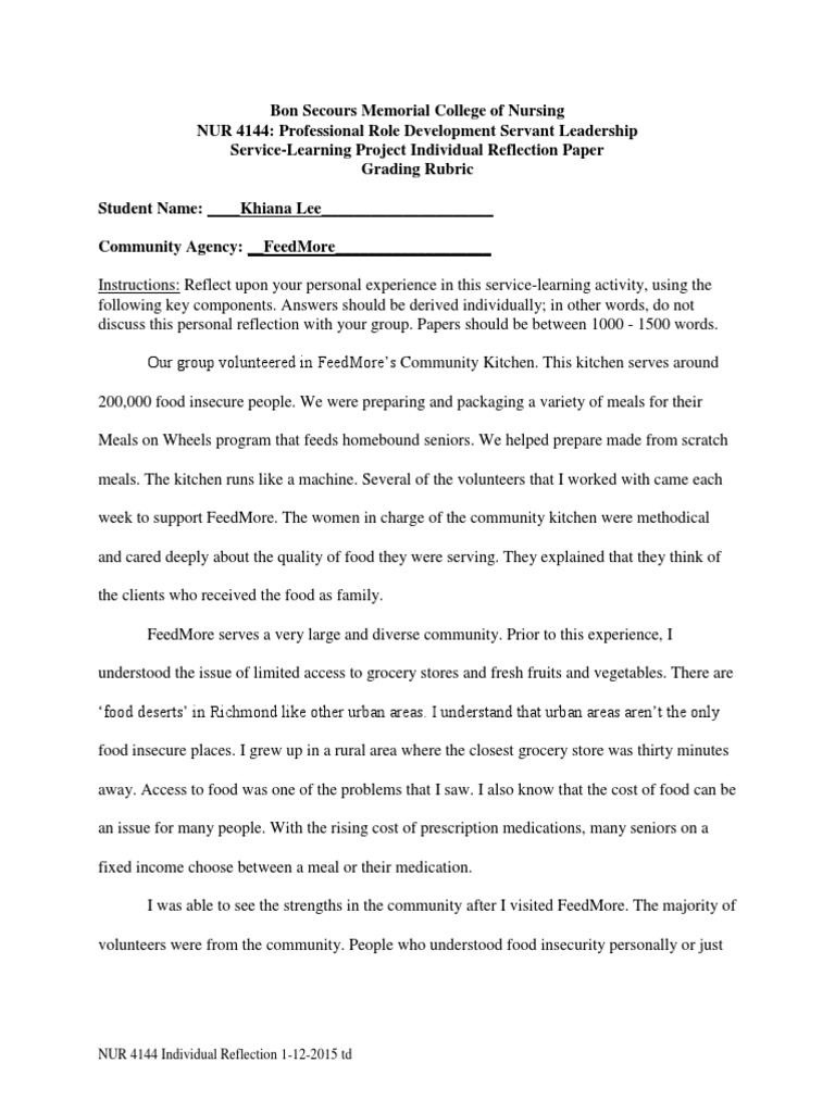 Reflection on Service-Learning at FeedMore | PDF | Service Learning ...