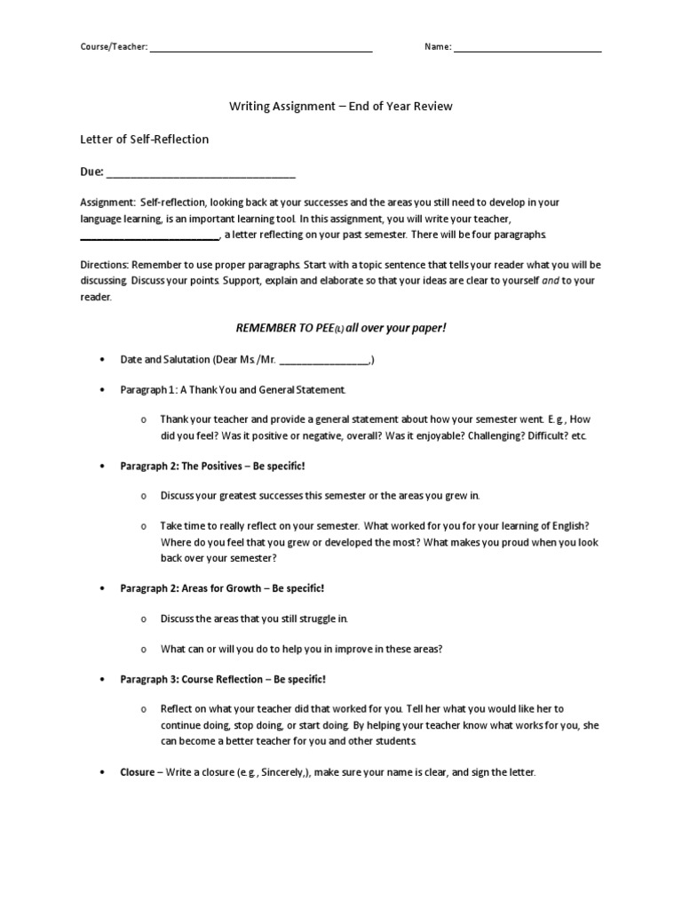 End - Of.term - Self Reflection - Letter.to - Teacher | PDF | Learning ...