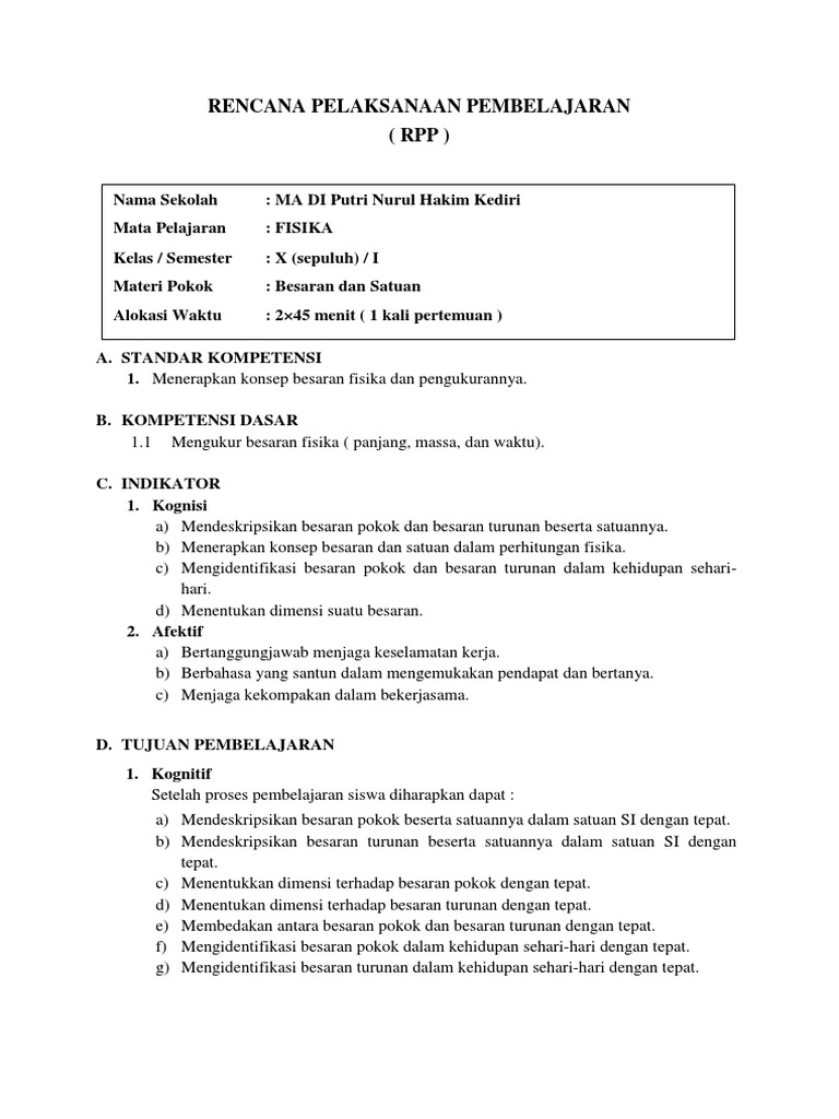 RPP Besaran Dan Satuan | PDF