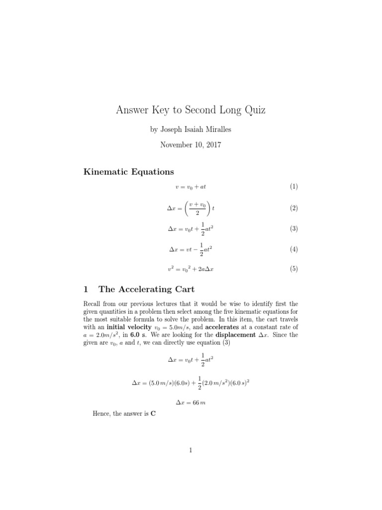 Answer Key To Second Long Quiz: Kinematic Equations | PDF | Velocity ...