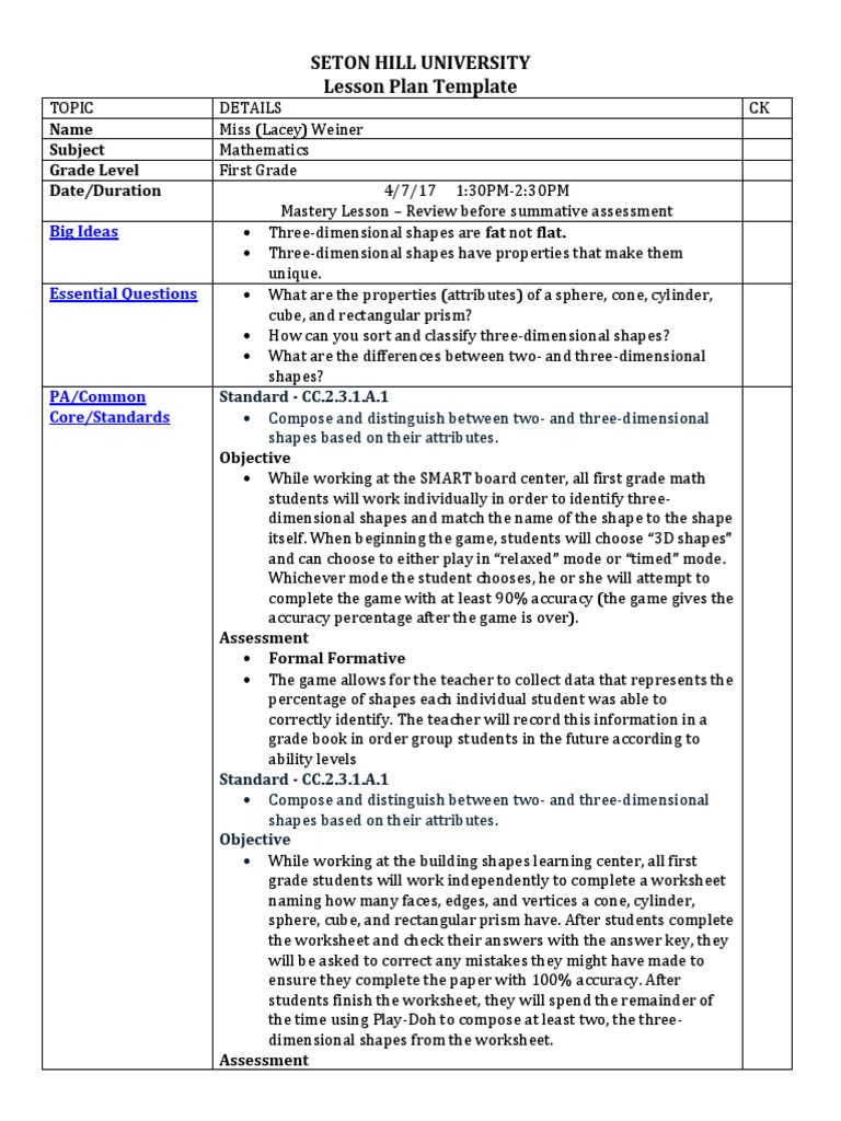 3d Shapes Lesson Plan | PDF | Shape | Educational Assessment
