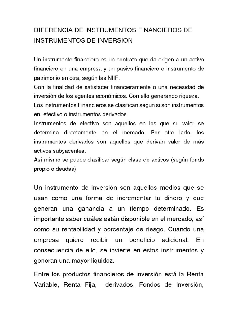 Diferencia de Instrumentos Financieros de Instrumentos de Inversion | PDF