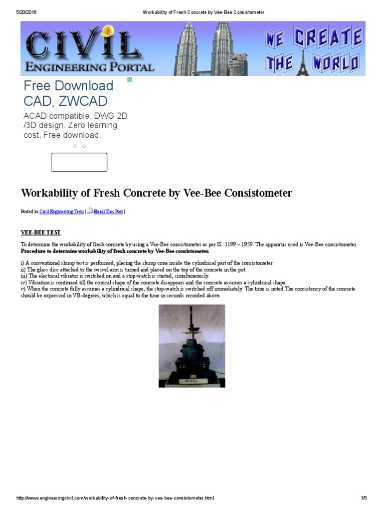 Workability of Fresh Concrete by Vee-Bee Consistometer | PDF | Concrete ...