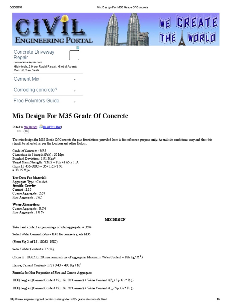 Mix Design For M35 Grade of Concrete | PDF | Construction Aggregate ...