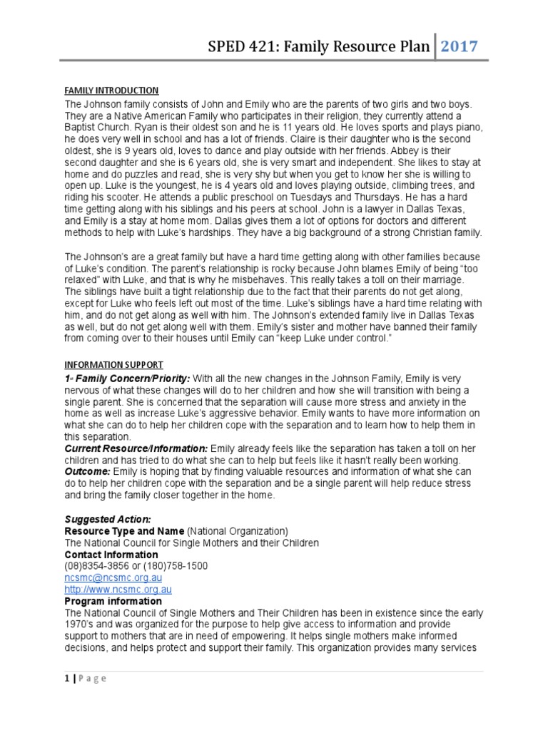 SPED 421: Family Resource Plan: Resource Type and Name (National ...