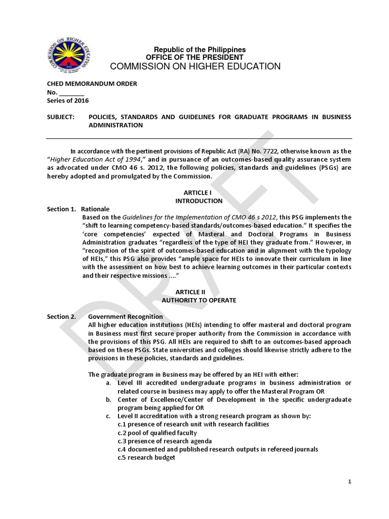 Draft Policies Standards and Guidelines For Graduate Programs in ...