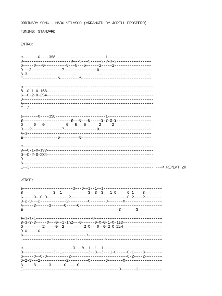 Ordinary Song Tab (Arranged by Jorell Prospero | PDF