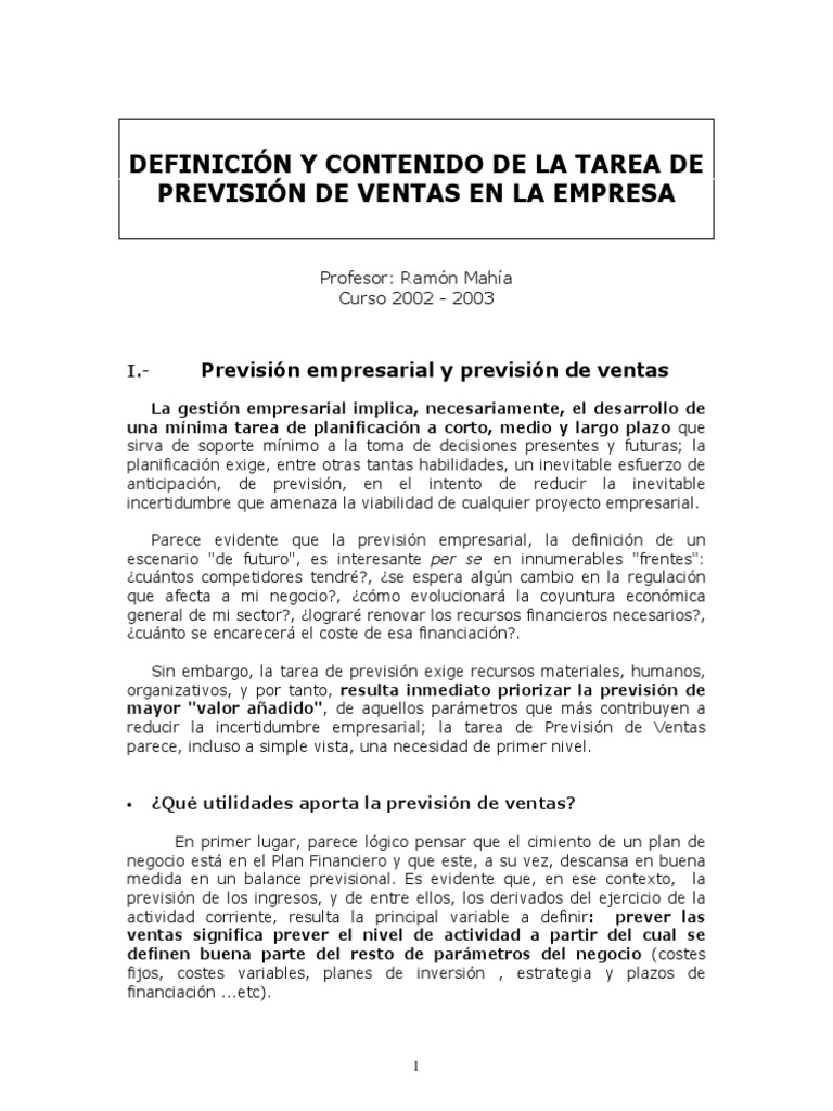Previsión de Ventas: Definición y Utilidad | PDF | Investigación de ...