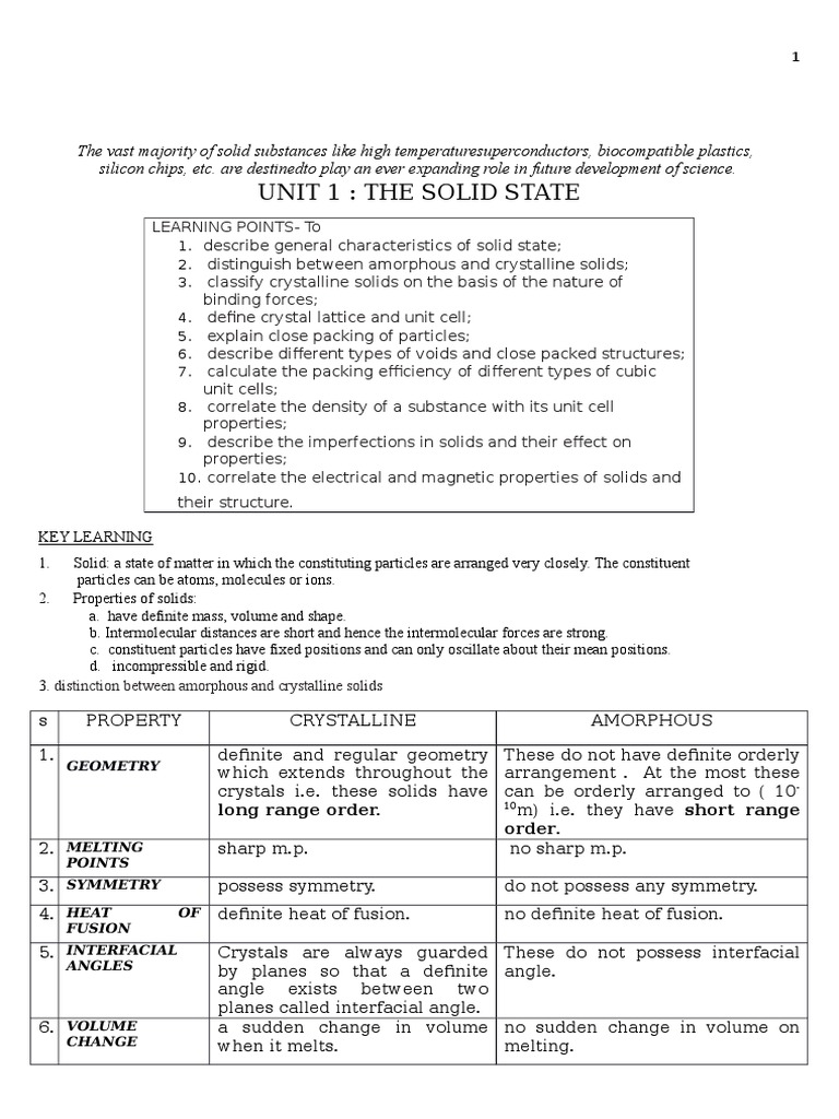 Unit 1: The Solid State | PDF | Semiconductors | Crystal Structure