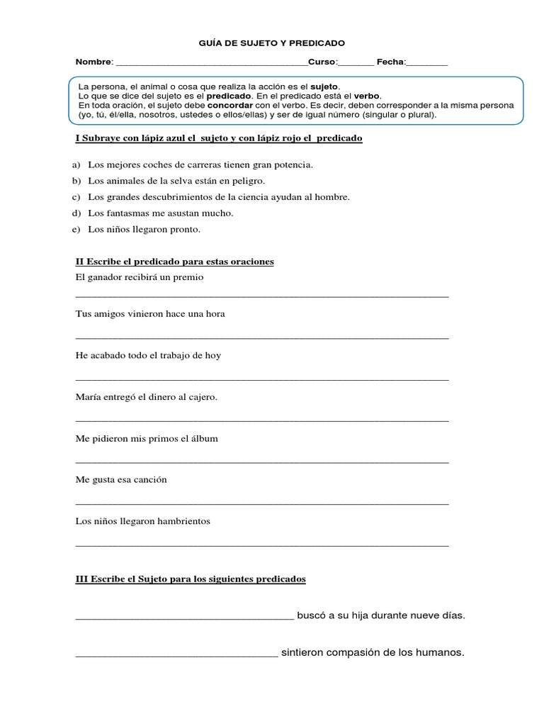 Ejercicios de Sujeto y Predicado | PDF