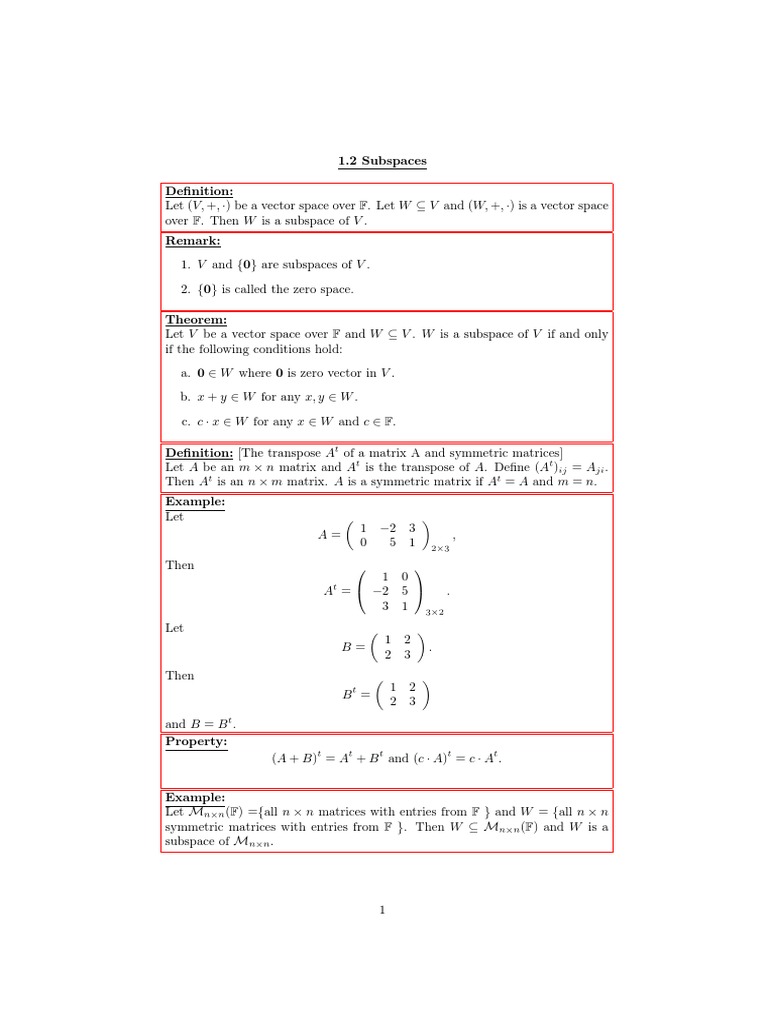 Properties and Examples of Subspaces in Linear Algebra | PDF | Matrix ...