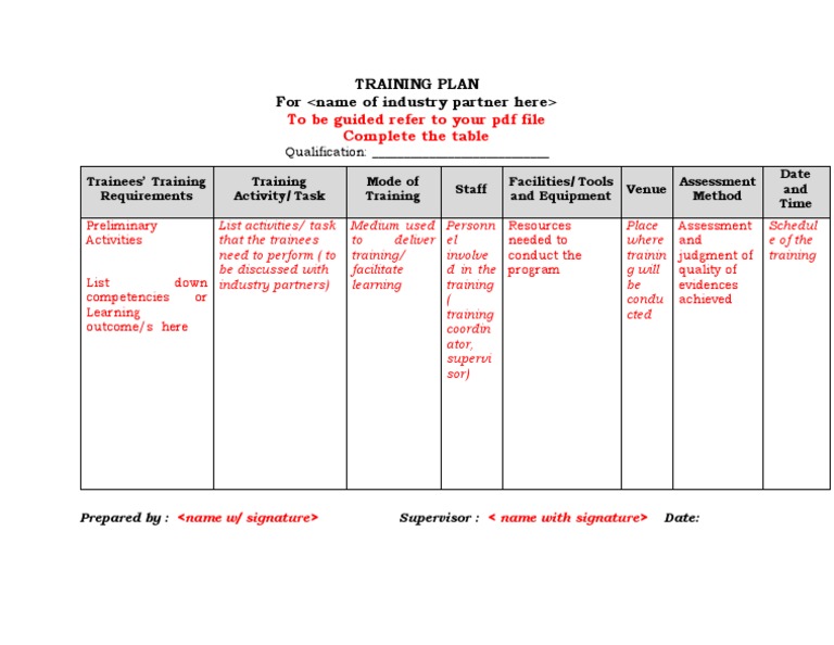 Training Plan For : To Be Guided Refer To Your PDF File Complete The ...