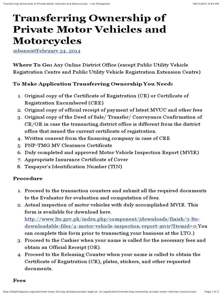 Checklist - LTO - Transferring Ownership of Private Motor Vehicles and ...