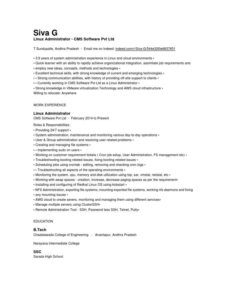 Siva G: Linux Administrator - CMS Software PVT LTD | PDF | Cloud Computing | Secure Shell
