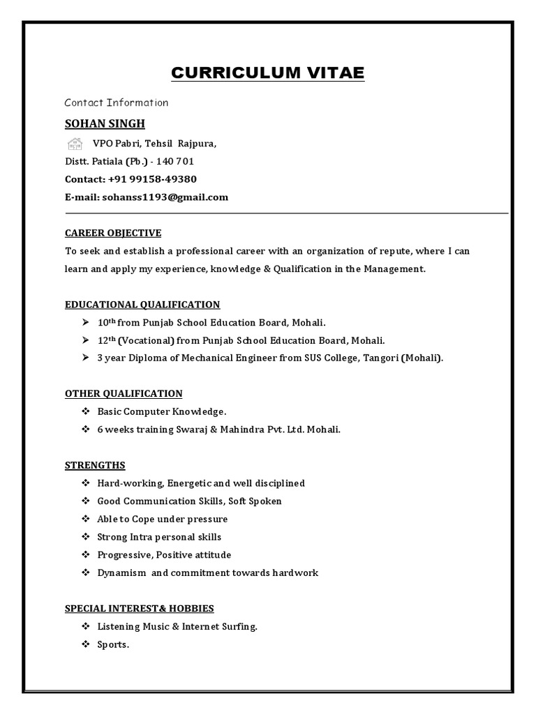 Curriculum Vitae: Sohan Singh | PDF