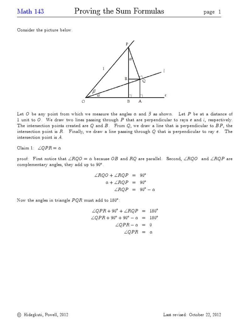 Proof of Sum Formulas | PDF | Trigonometric Functions | Perpendicular